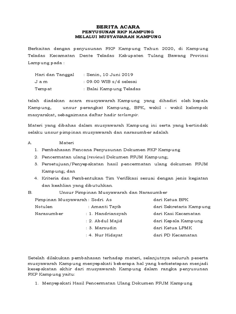 Berita Acara Dan Daftar Hadir Penyusunan RKP Desa Melalui Musyawarah Desa | PDF