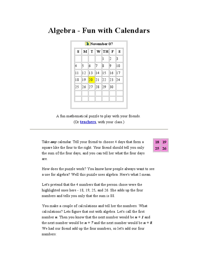Algebra - Fun With Calendars: November 07 SMTWTHF S | PDF | National ...
