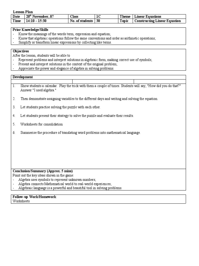 Linear Equations Lesson Plan | PDF