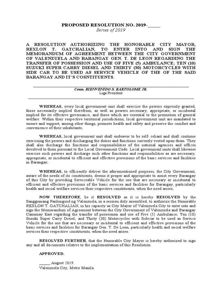 Proposed Resolution No. 2019 - : Series of 2019 | PDF | Ambulance ...