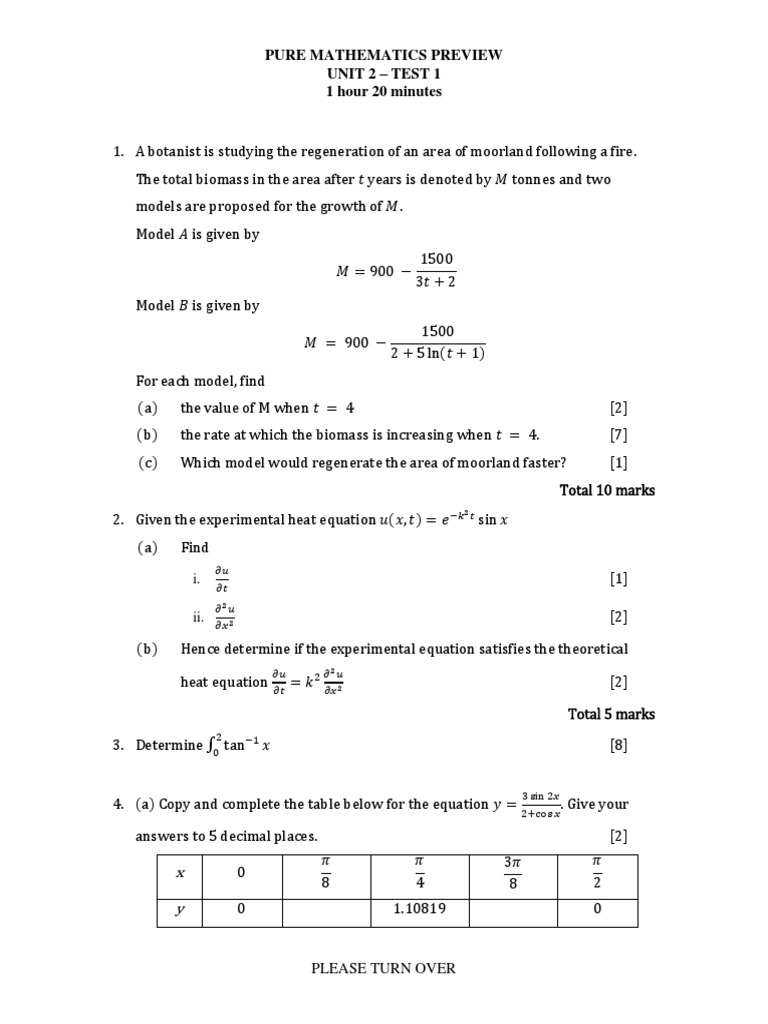 Pure Mathematics Preview Unit 2 - Test 1 1 Hour 20 Minutes | PDF ...
