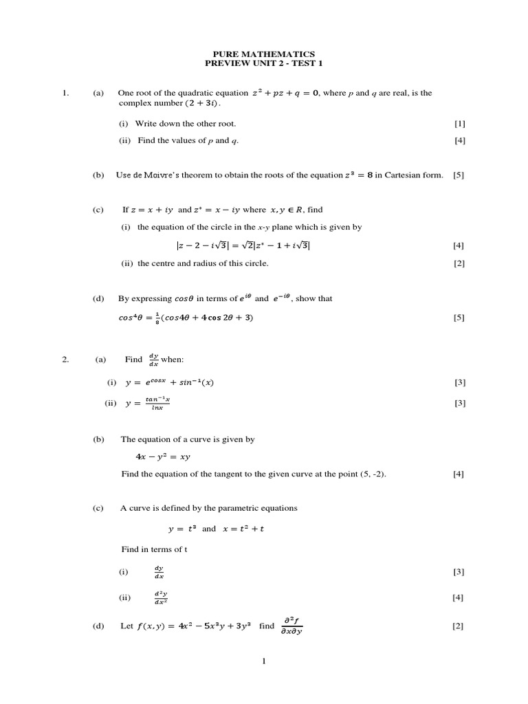 Pure Mathematics Test 1 Preview | PDF | Circle | Equations