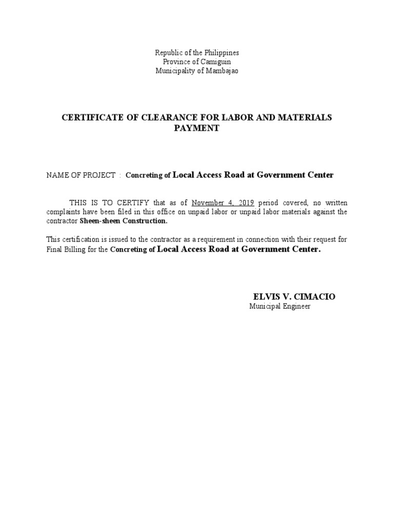 Labor and Materials Clearance Certificate | PDF | Finance & Money ...