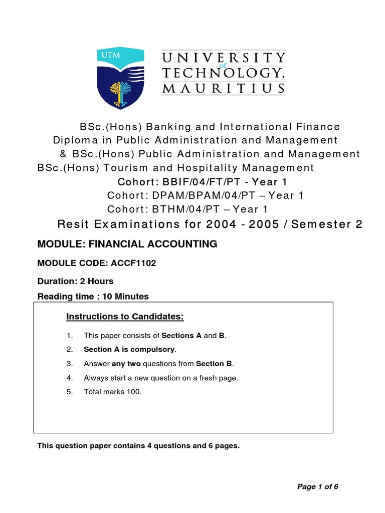 Resit Examinations For 2004 - 2005 / Semester 2: Module: Financial ...