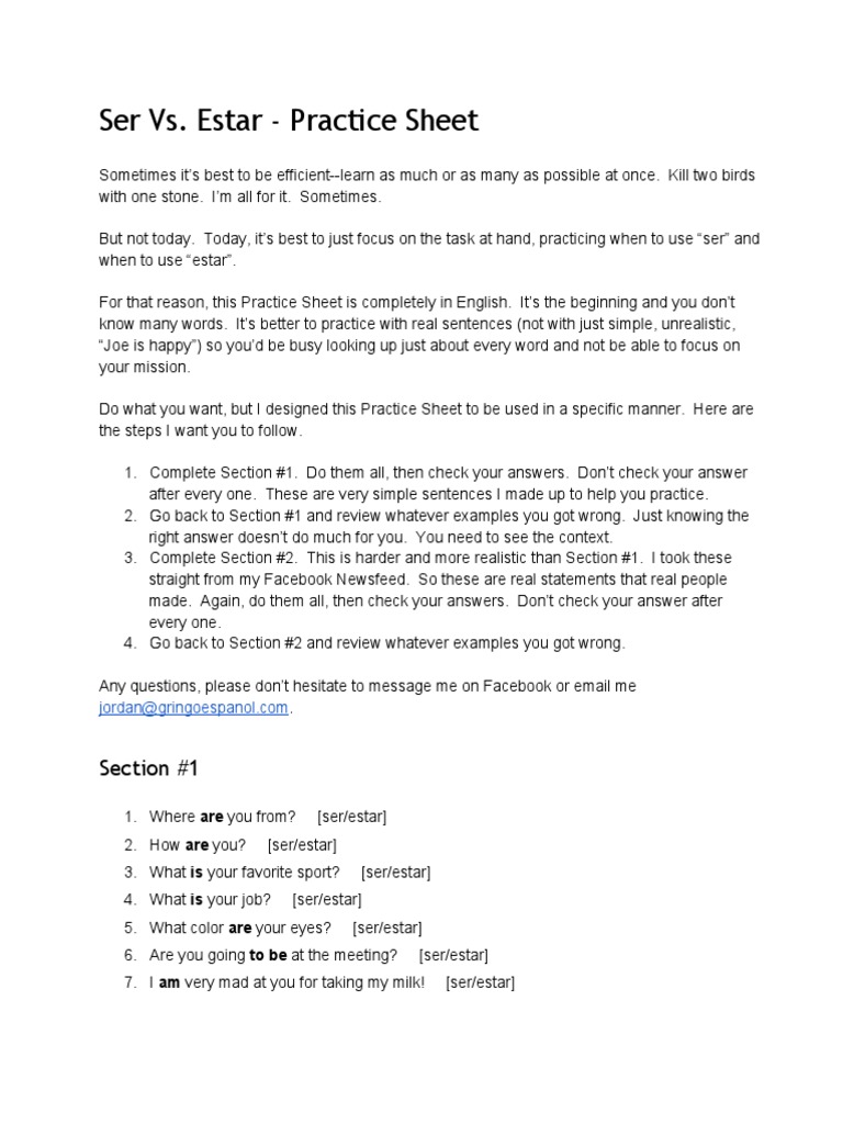 Ser vs. Estar - Practice Sheet: Section #1 | PDF
