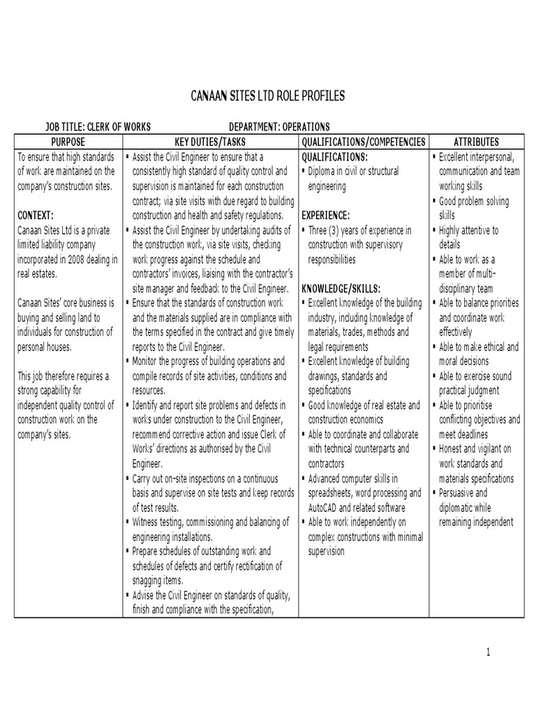 Clerk of Works Job Description | PDF | Specification (Technical ...
