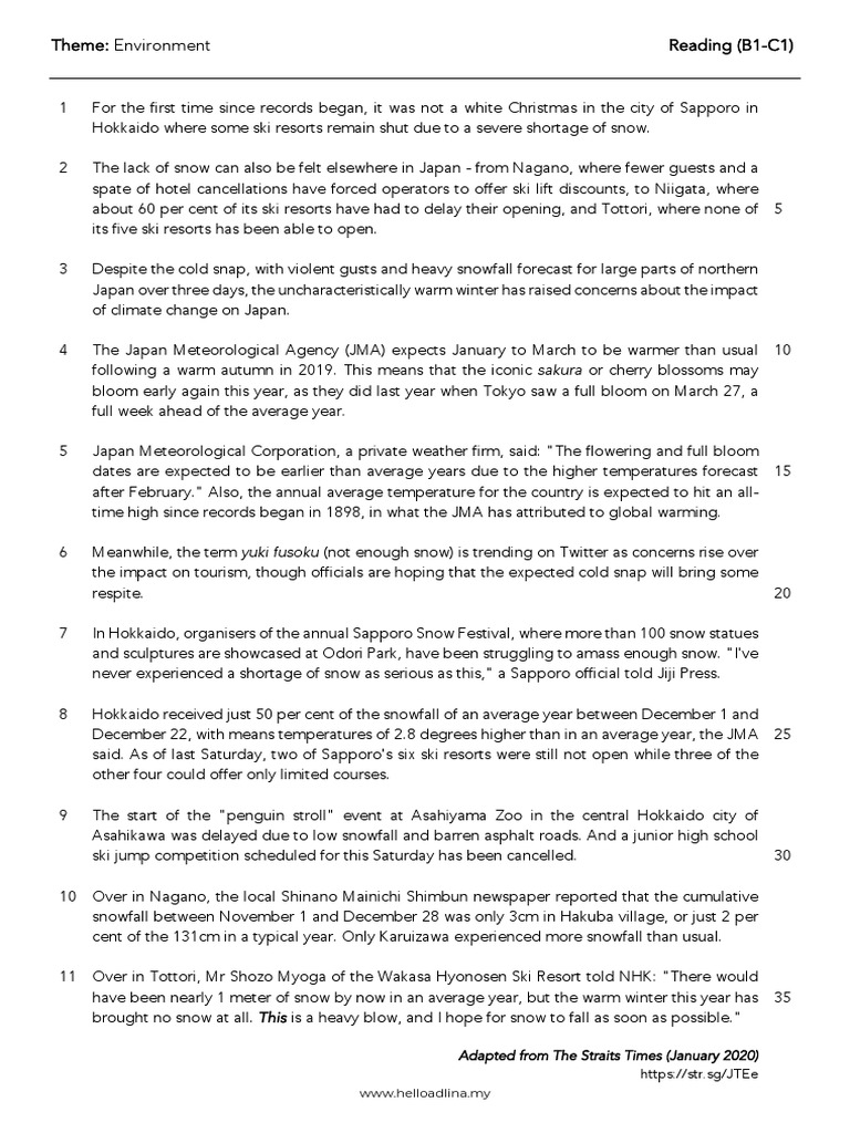 Environment: Theme: Reading (B1-C1) | PDF | Snow | Japan