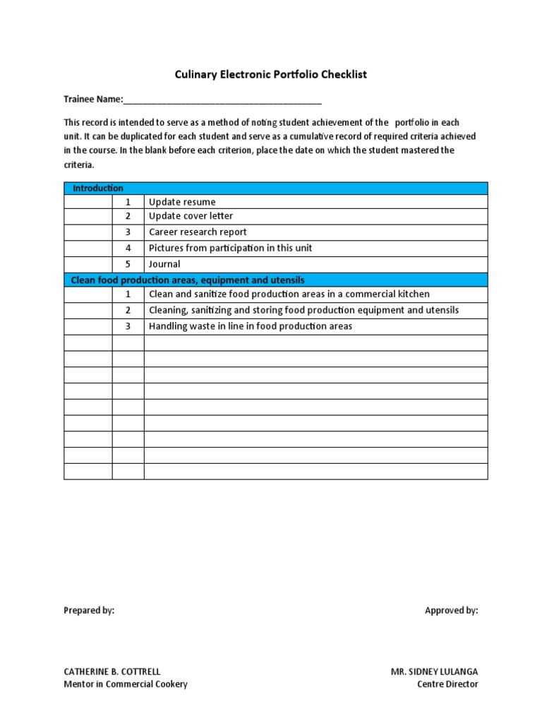 Culinary Portfolio Checklist | PDF | Mentorship | Behavior Modification