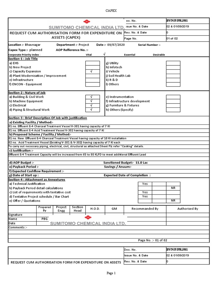 Request Cum Authorisation Form For Expenditure On Assets (Capex) | PDF ...