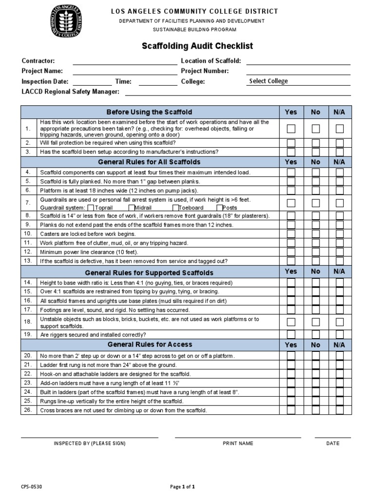 Scaffolding Audit Checklist: Before Using The Scaffold Yes No N/A ...