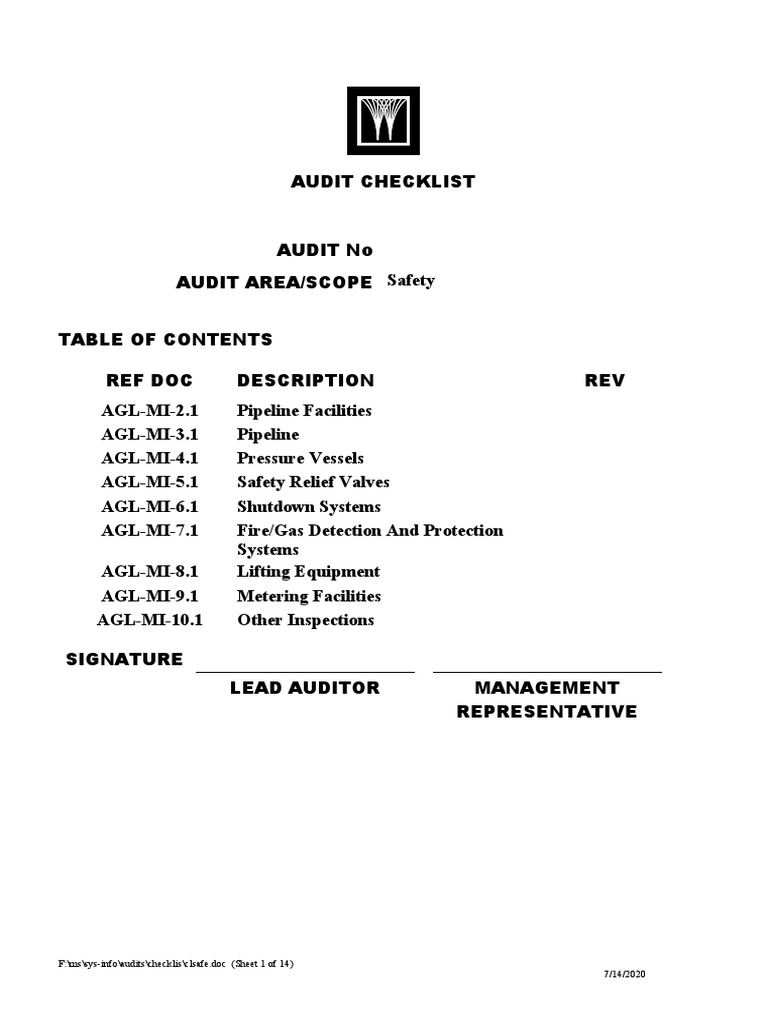 Audit Checklist Audit No Audit Area/Scope Safety Ref Doc Description ...