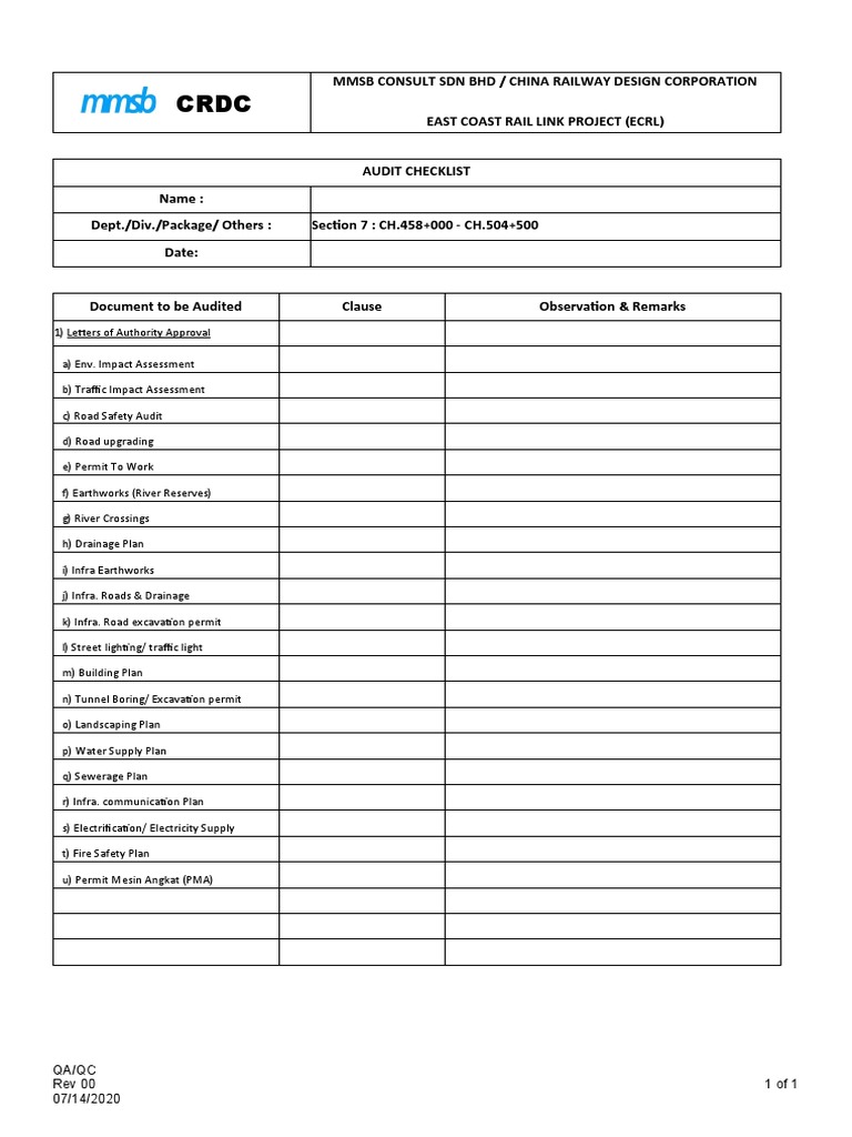 ECRL Project Audit Checklist | PDF | Technology & Engineering