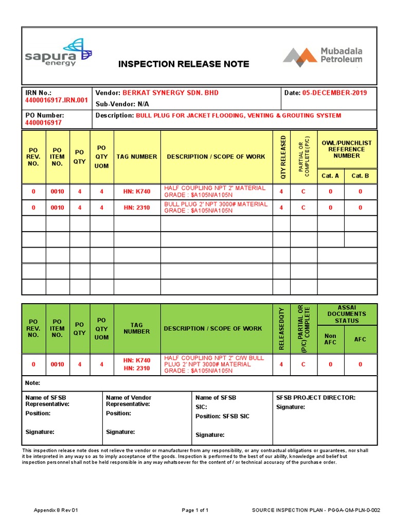 Inspection Release Note: IRN No.: Vendor: Sub-Vendor: N/A Date | PDF ...