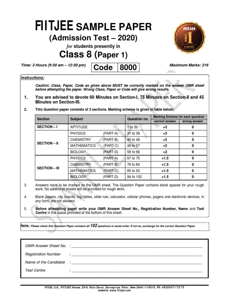 Fiitjee: Sample Paper | PDF | Exhalation | Breathing