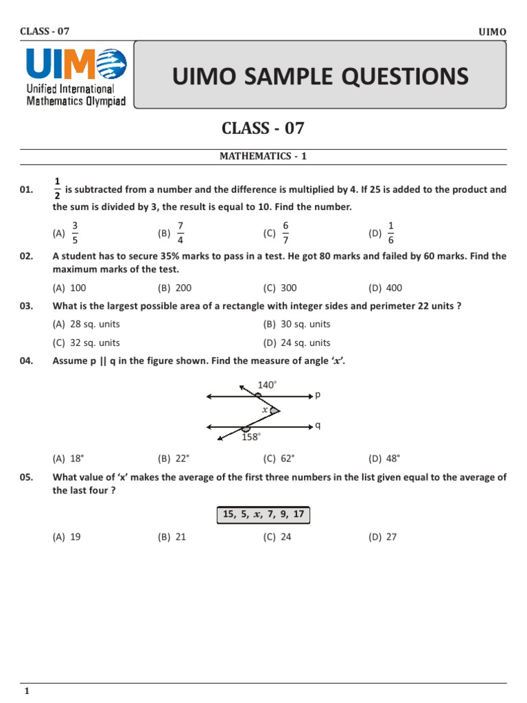 Class 7 Maths Olympiad Question Paper | PDF | Area | Elementary Mathematics