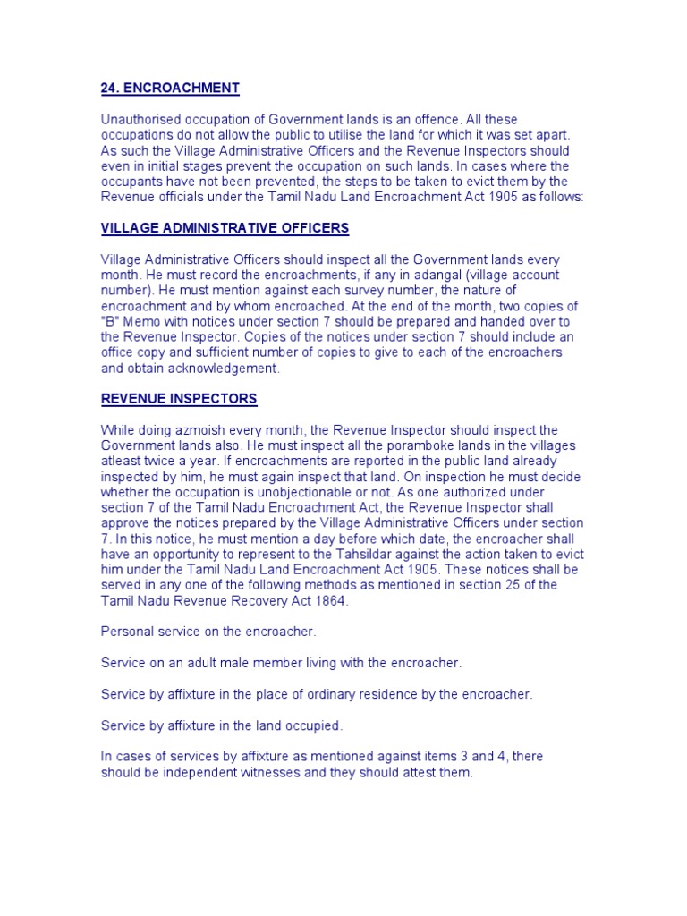 Tamil Nadu - Revenue Department Guide To Handle Encroachments | PDF | Lawsuit | Lease