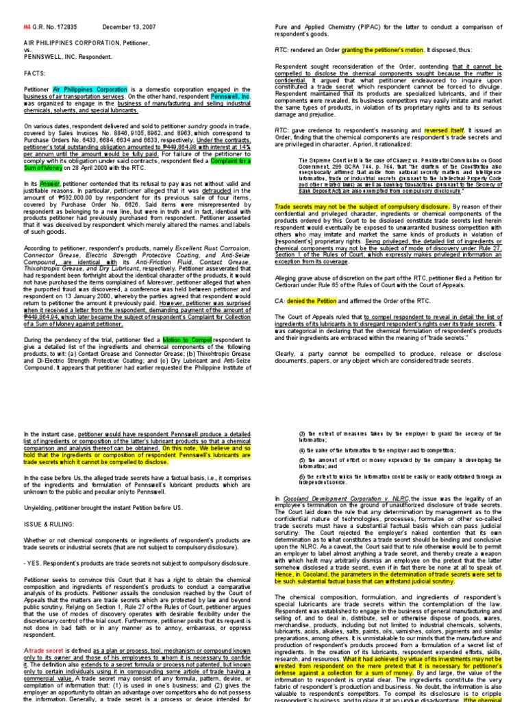 Air Phils. Corp. v. Pennswell | PDF | Trade Secret | Discovery (Law)