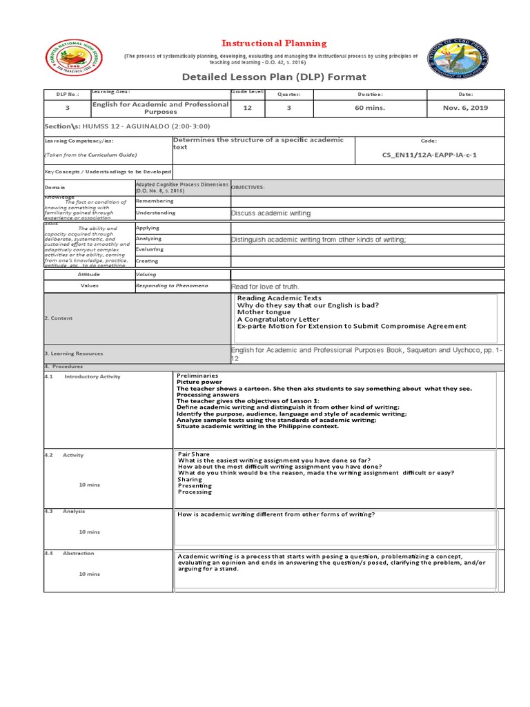 Detailed Lesson Plan (DLP) Format: Instructional Planning | Download ...