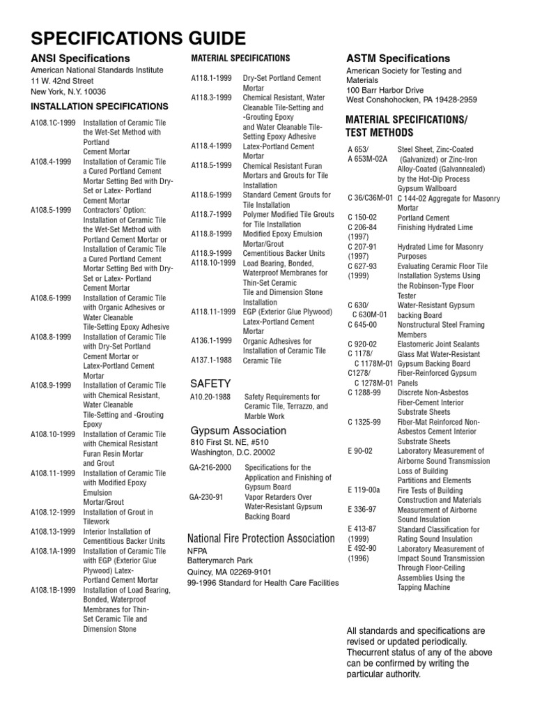 Specifications Guide: ANSI Specifications ASTM Specifications | PDF ...