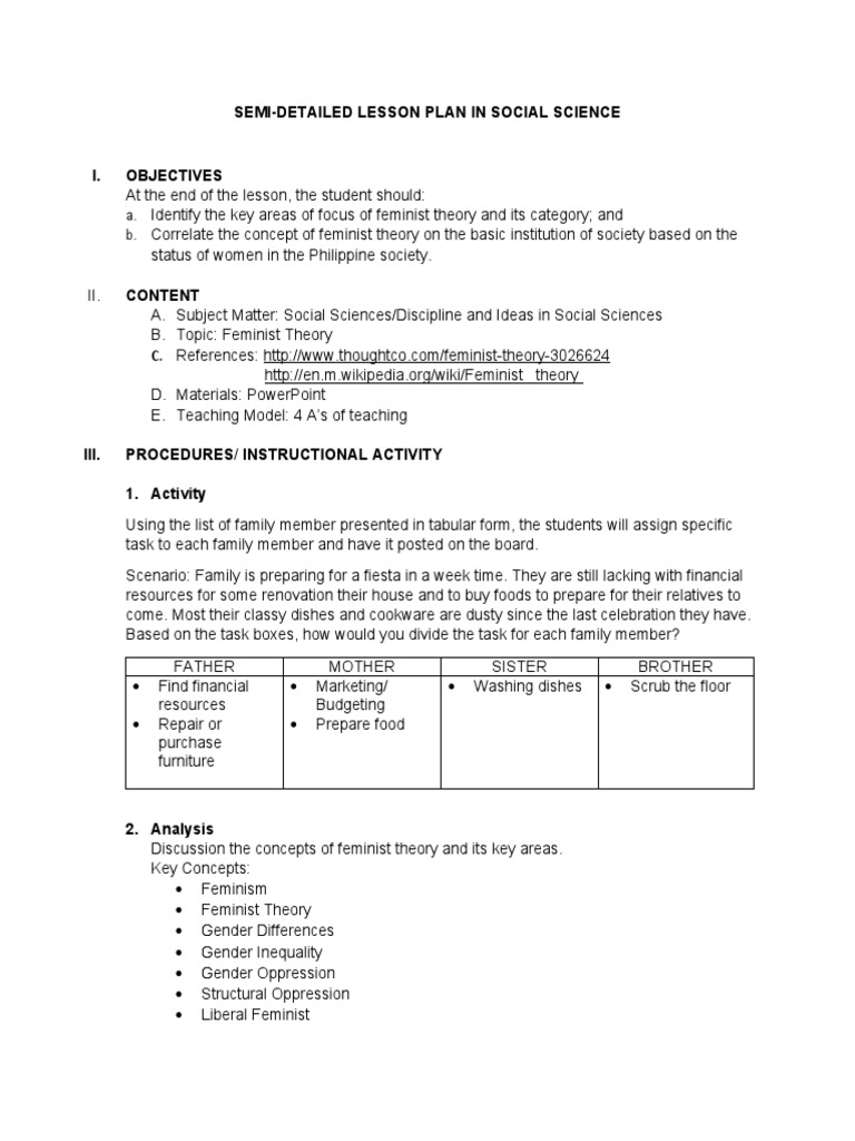 Semi-Detailed Lesson Plan in Social Science | PDF | Feminism | Gender ...