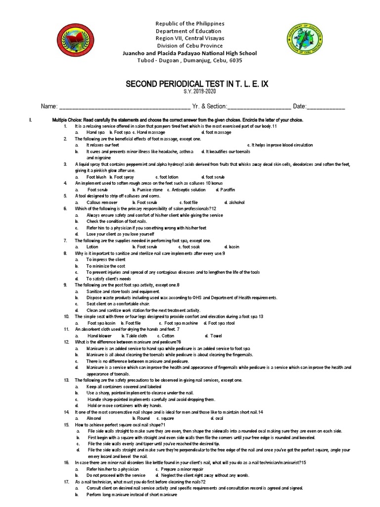 TLE IX Nail Care Exam Review | PDF | Nail (Anatomy) | Medical Specialties