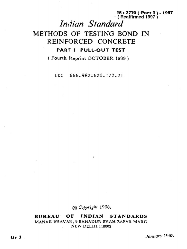2770 - 1 (Method of Testing Bond in Reinforced Concrete Part-1 PDF ...