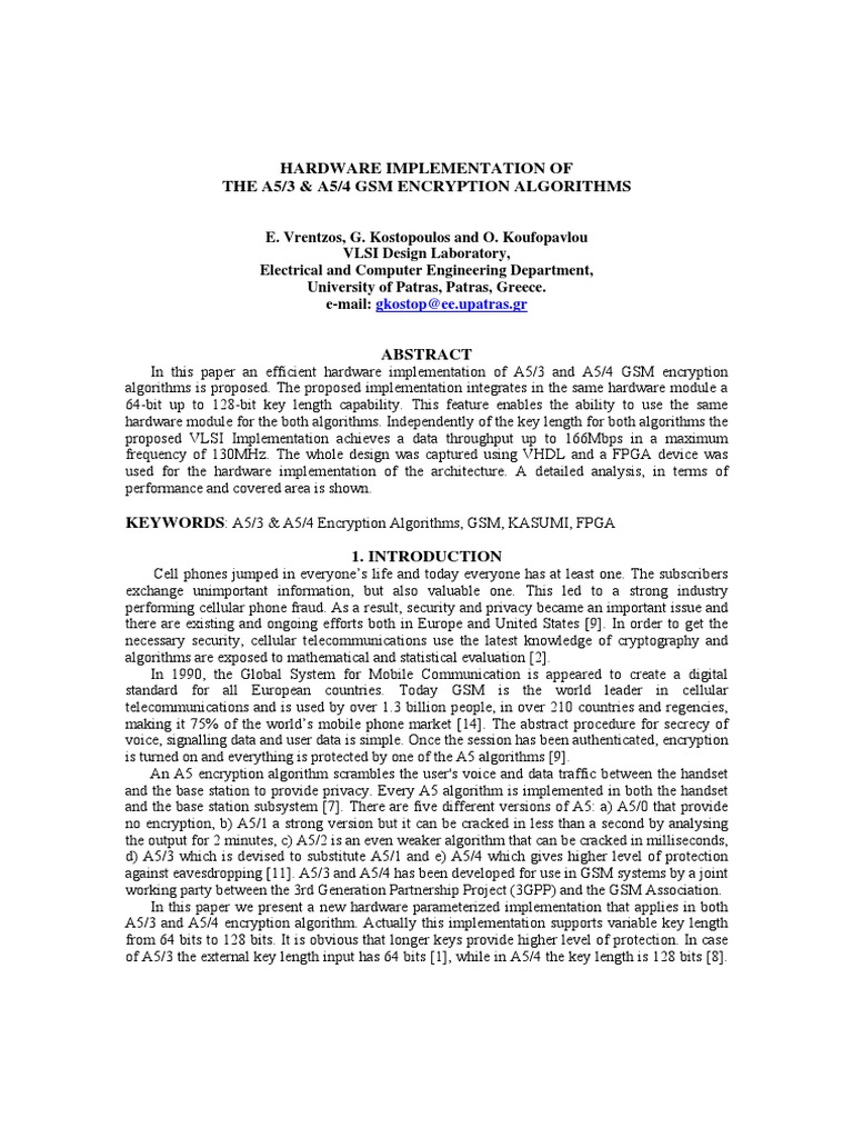 Hardware Implementation of The A5/3 & A5/4 GSM Encryption Algorithms | PDF | Gsm ...