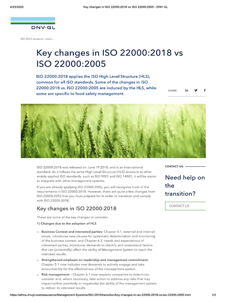 Key Changes in ISO 22000 - 2018 Vs ISO 22000 - 2005 - DNV GL | PDF