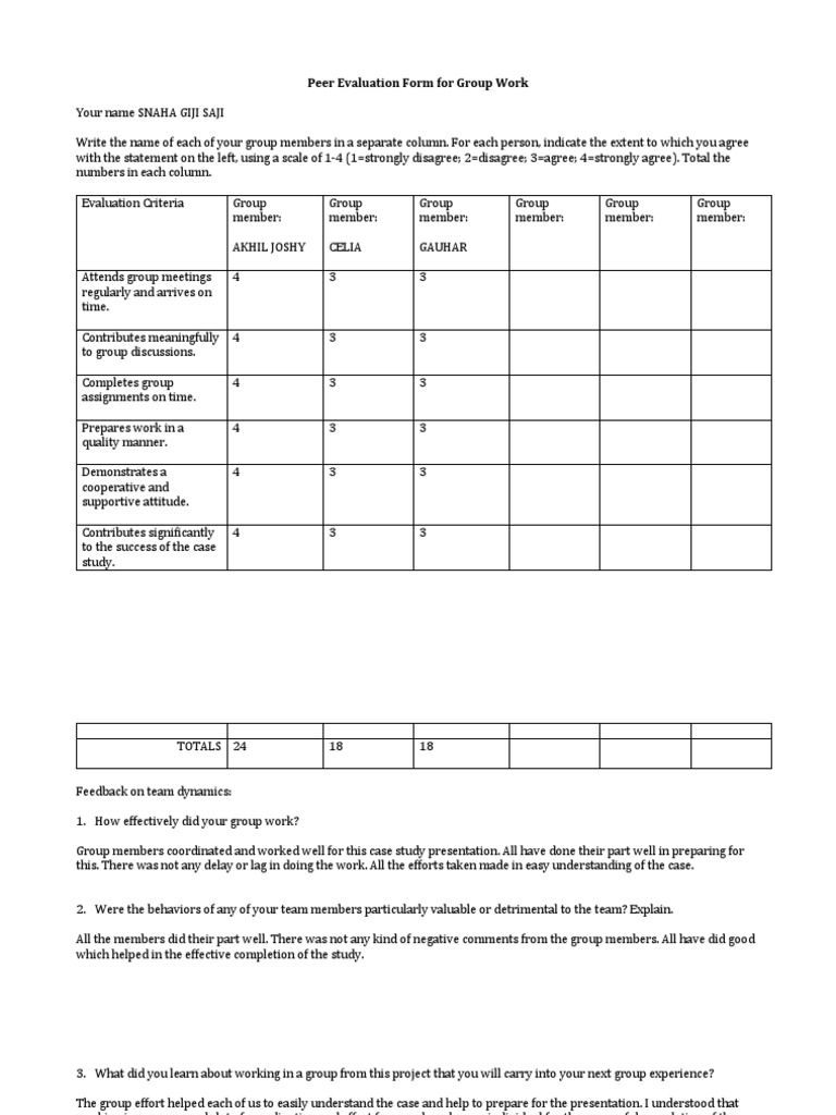 Peer Evaluation Form For Group Work | Download Free PDF | Performance ...