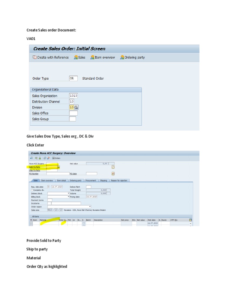 Create Sales Order Document: VA01 | PDF