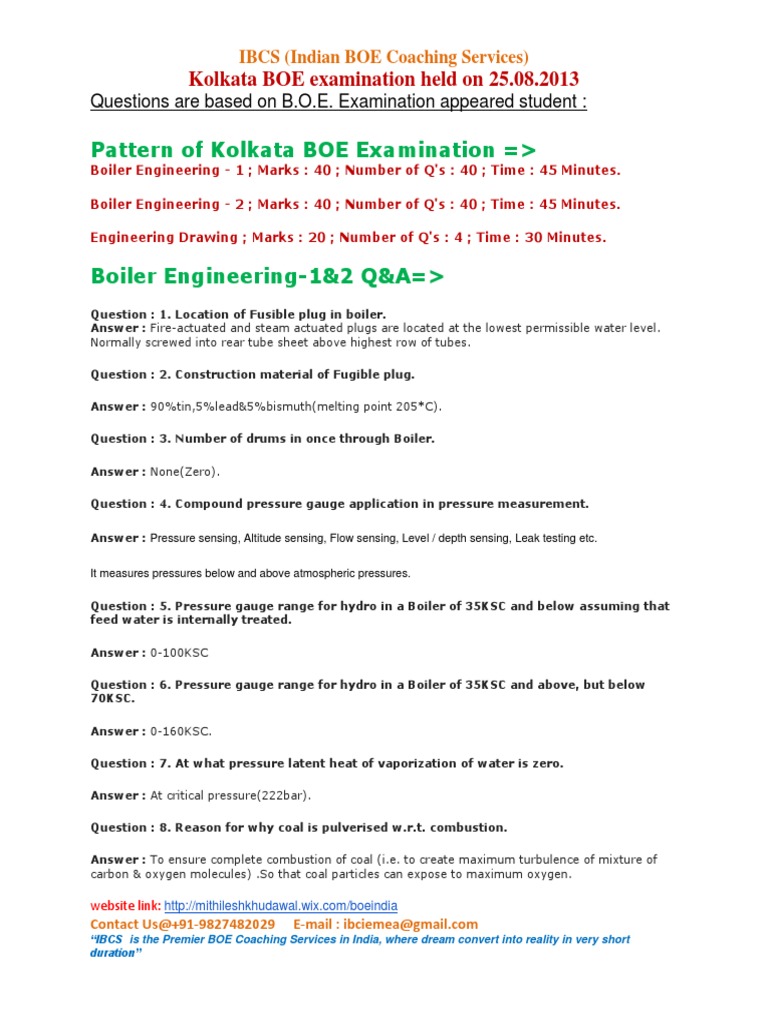 Pattern of Kolkata BOE Examination | PDF | Boiler | Chemical Engineering