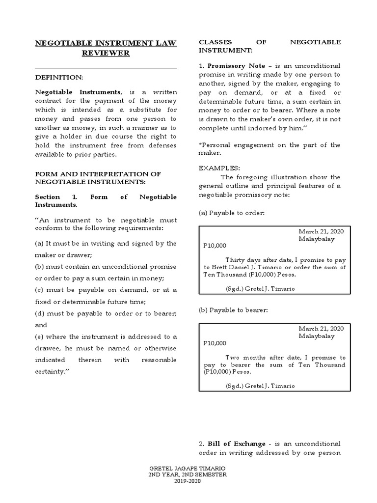 Negotiable Instrument Law Reviewer Pdf Social Institutions Social