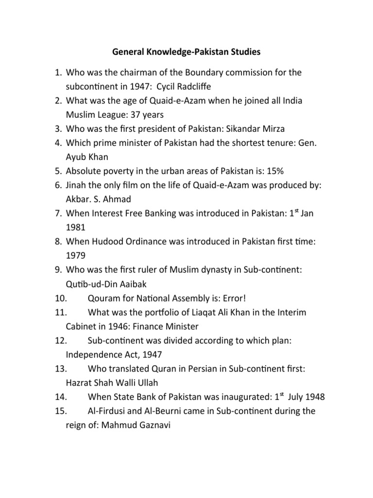General Knowledge-Pakistan Studies | PDF | History
