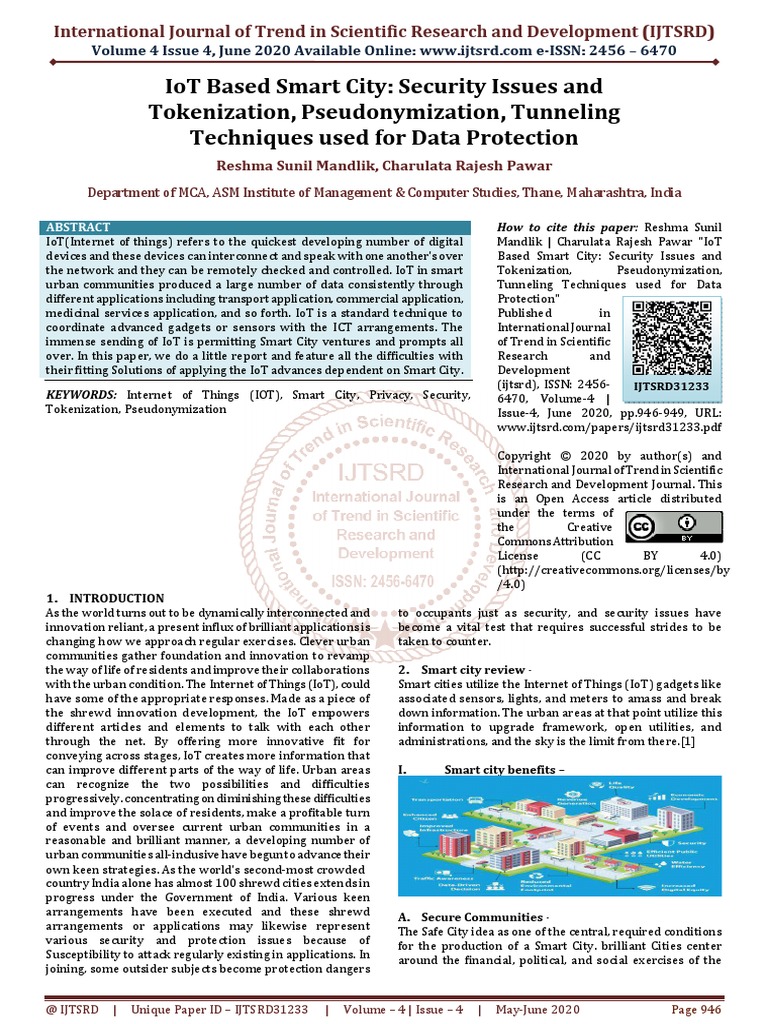 IoT Based Smart City Security Issues and Tokenization, Pseudonymization, Tunneling Techniques ...