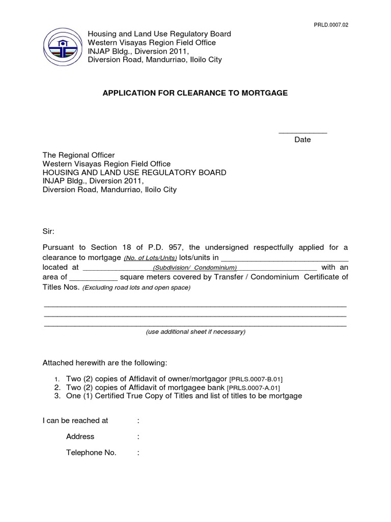 Mortgage Clearance Application Form | PDF