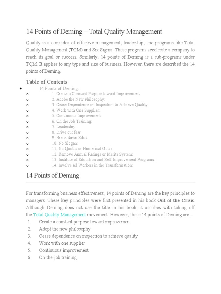 14 Points of Deming | PDF | Quality Management | Leadership