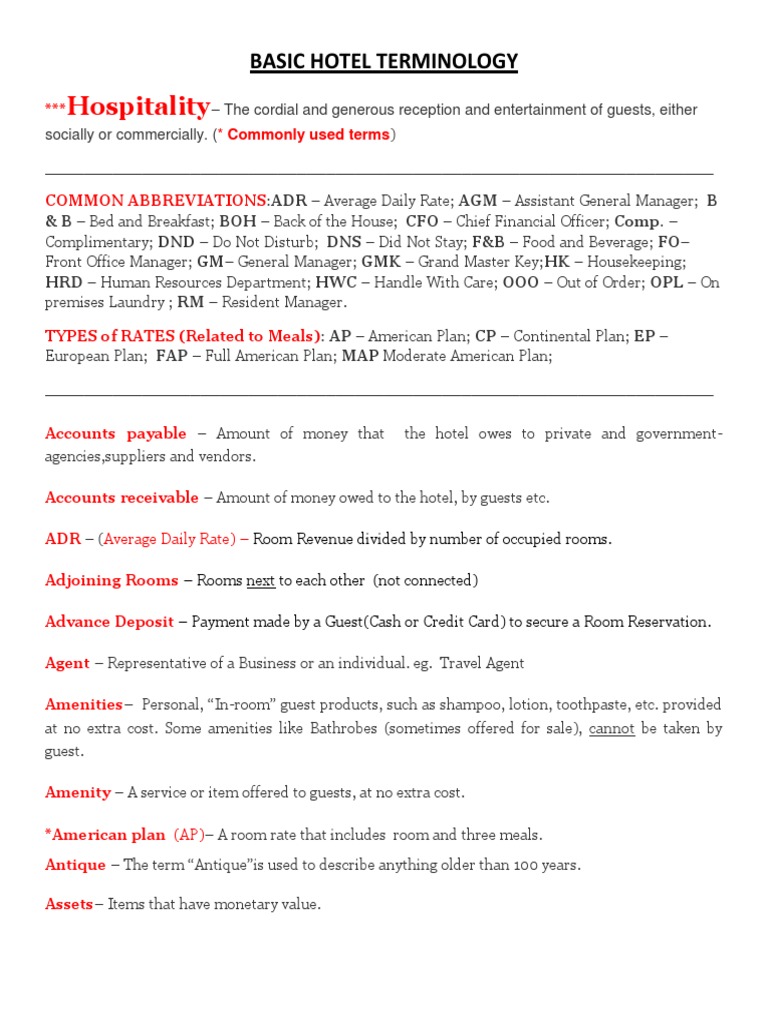 Basic Hotel Terminology PDF | PDF | Hotel | Condominium