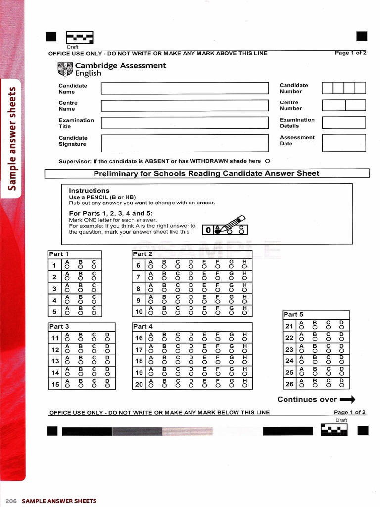 Pet For Schools Sample Answer Sheets 2020 | PDF