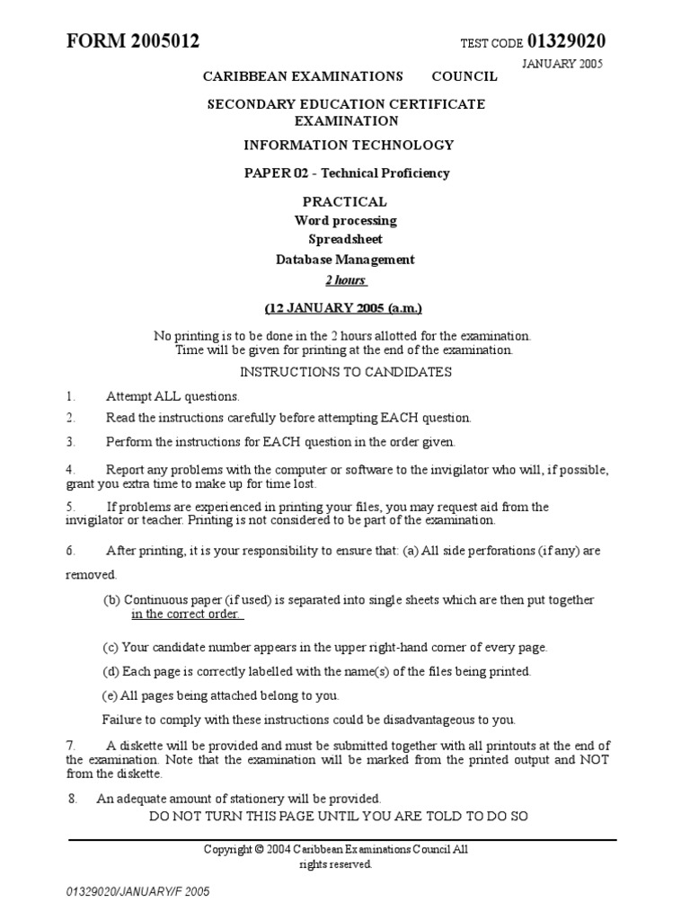 CXC CSEC Information Technology - Practical Paper - January 2005 | PDF ...