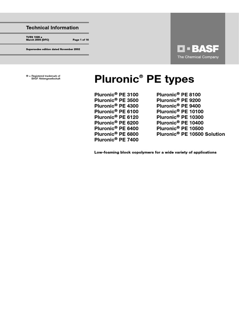 Pluronic PE Types | PDF | Emulsion | Surfactant