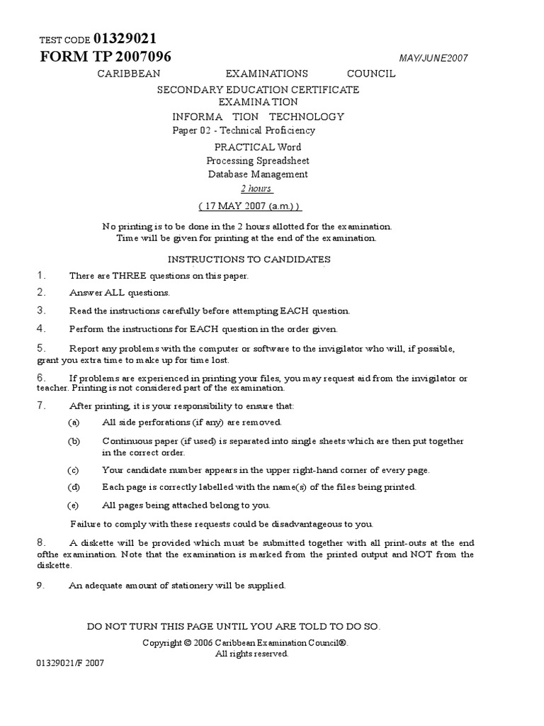 CSEC Information Technology - Practical Paper - May 2007 | PDF ...
