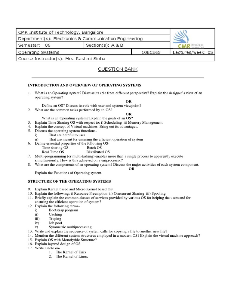 Question Bank - 10ECE65 | PDF | Scheduling (Computing) | Thread (Computing)