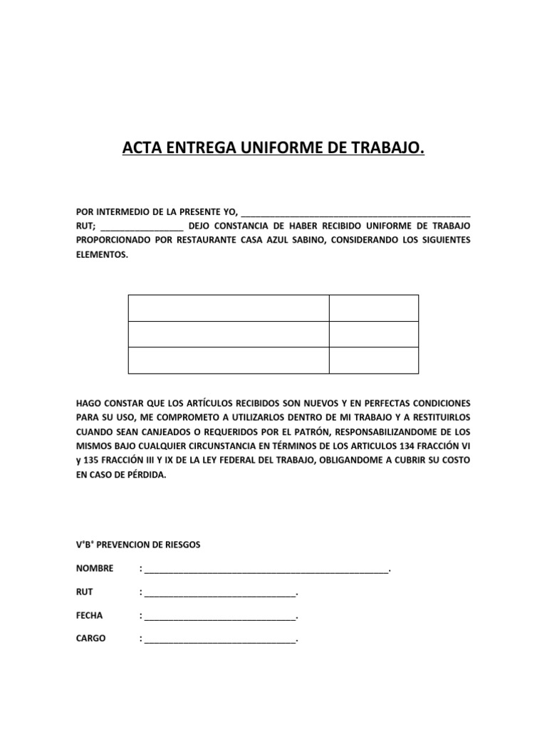 Acta Entrega Uniforme De Trabajo Pdf