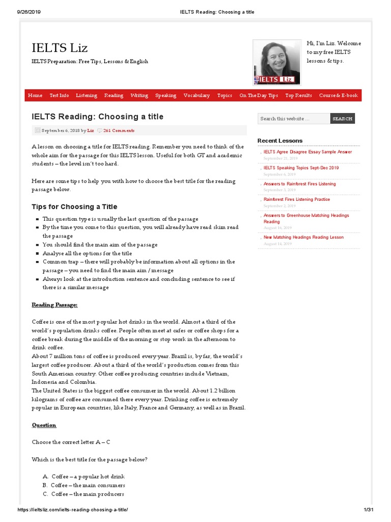 IELTS Reading - Choosing A Title PDF | PDF | Coffeehouse | Coffee