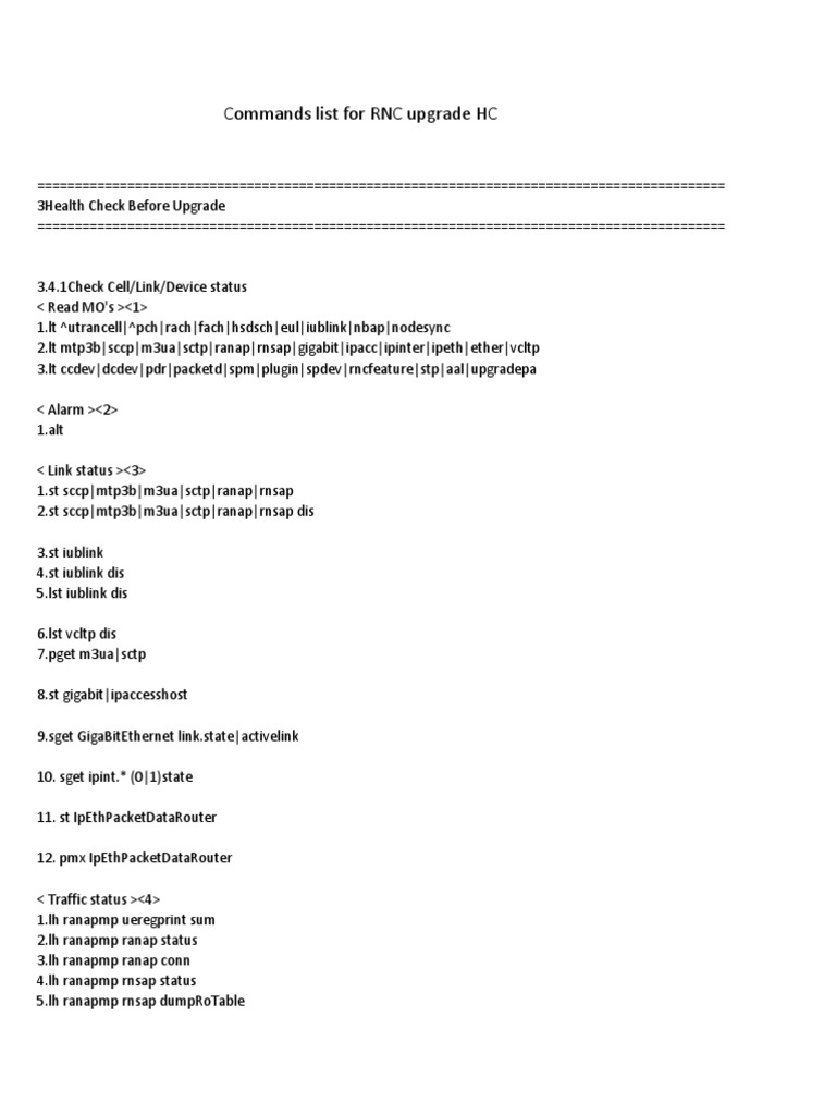 Commands List For RNC Upgrade HC | PDF | Computer Data | Computing