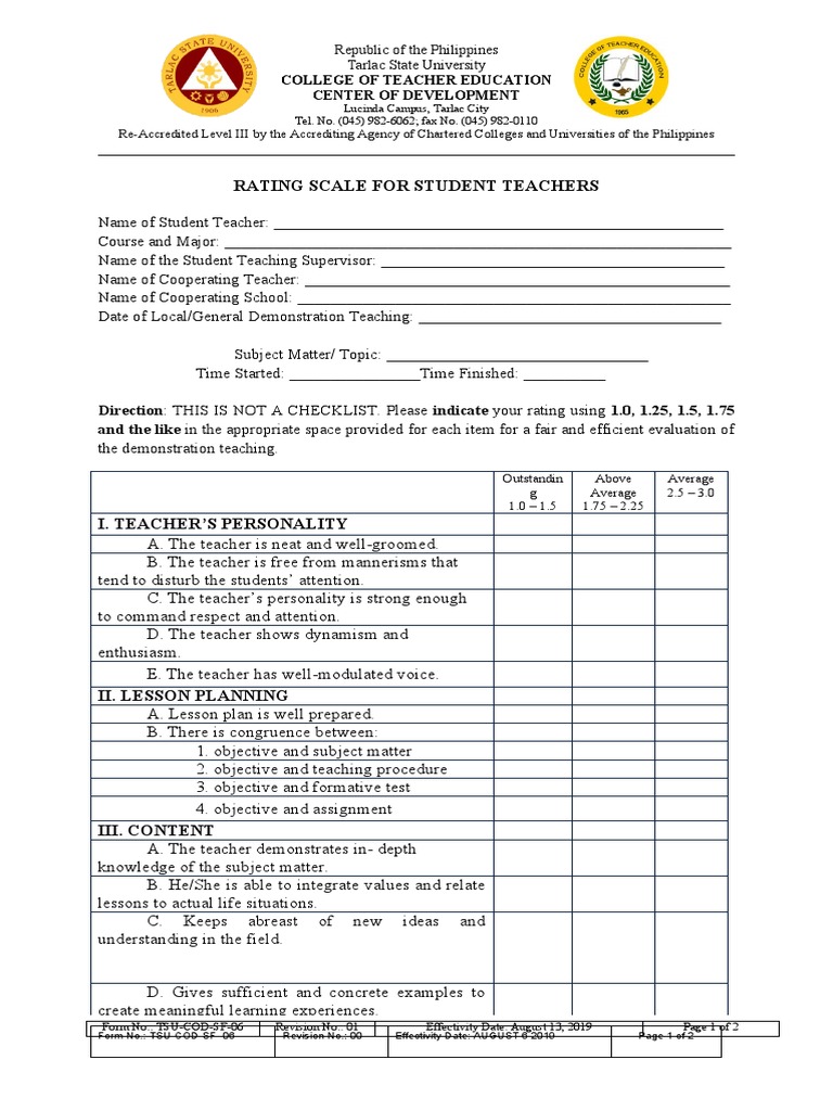 Student Teacher Demo Rating Scale | PDF | Teaching Method | Teachers