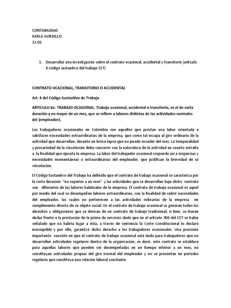 Contrato Ocasional, Transitorio o Accidental | Descargar gratis PDF | Salario | Derecho laboral