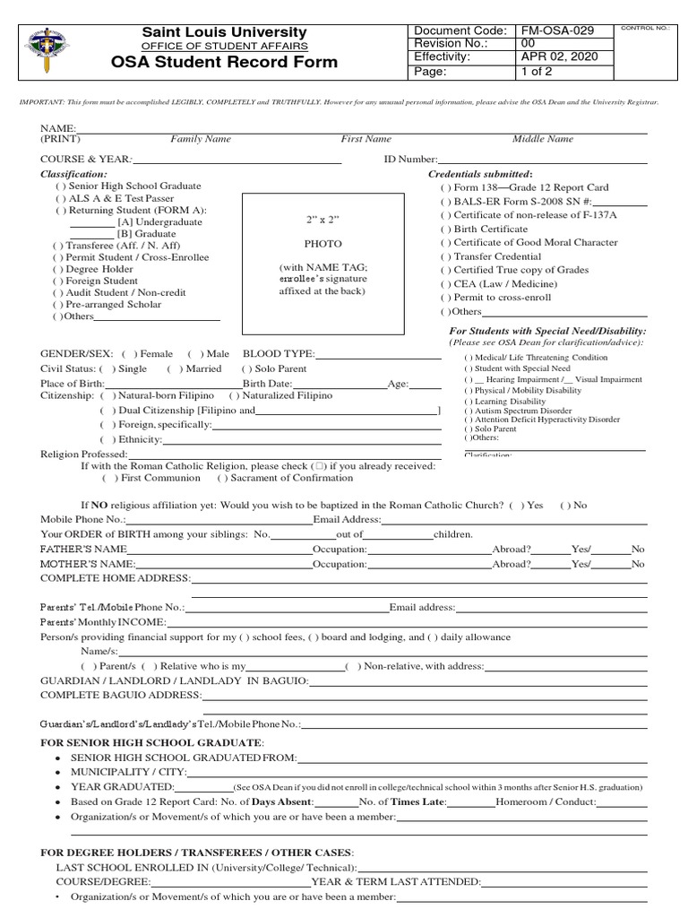 OSA Student Record Form: Saint Louis University | PDF | Social ...