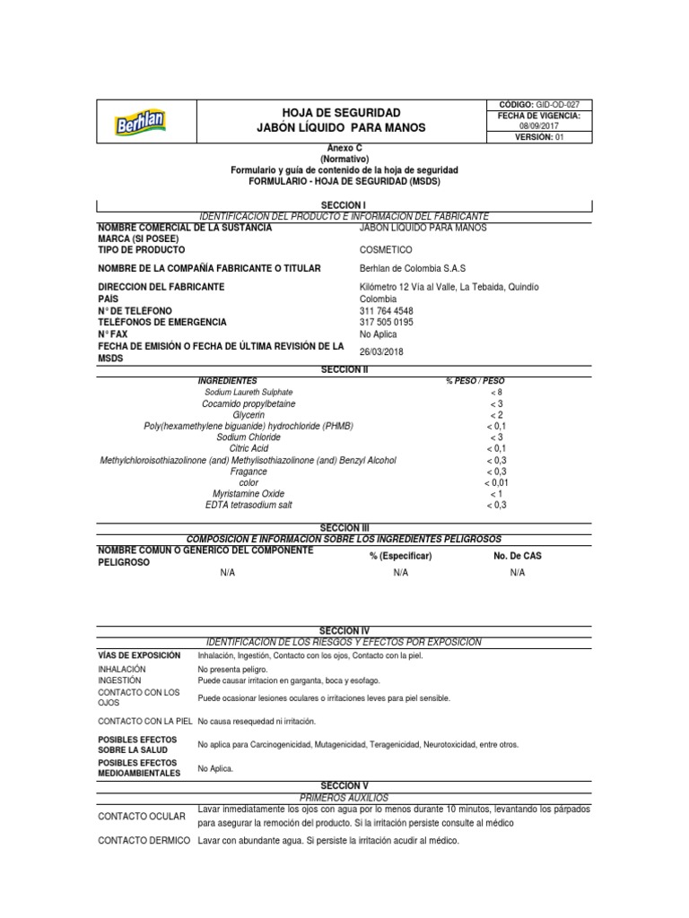 GID-OD-027 Hoja de Seguridad Jabón Líquido para Manos | PDF | Solubilidad | Agua
