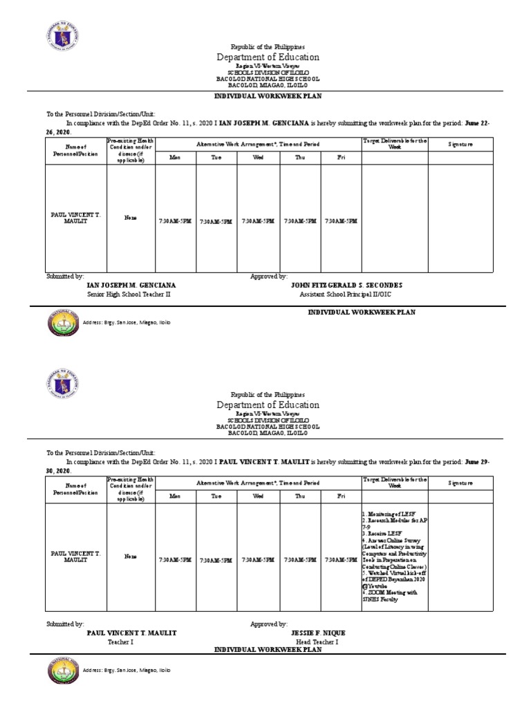 Department of Education: Individual Workweek Plan | PDF | Behavior Modification | Learning